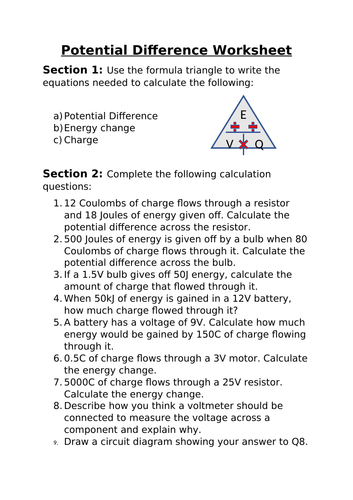 Potential Difference Worksheet | Teaching Resources