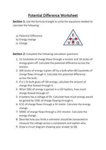 Potential Difference Worksheet | Teaching Resources