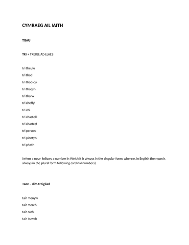Second Language Welsh - mutation rules; tair / tri - cardinal numbers ...