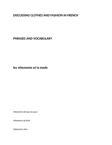 French A level AQA la mode - DISCUSSING FASHION - EXMPLE SENTENCES ...