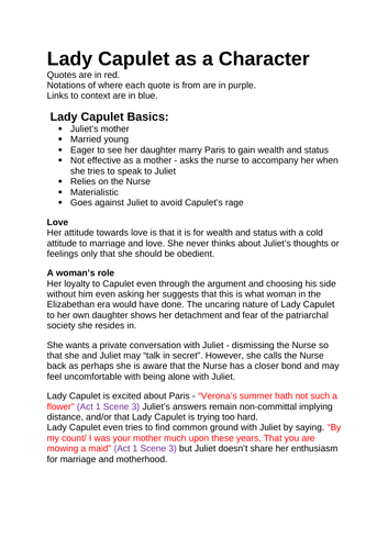 Character Analysis of Lady Capulet in Romeo and Juliet | Teaching Resources