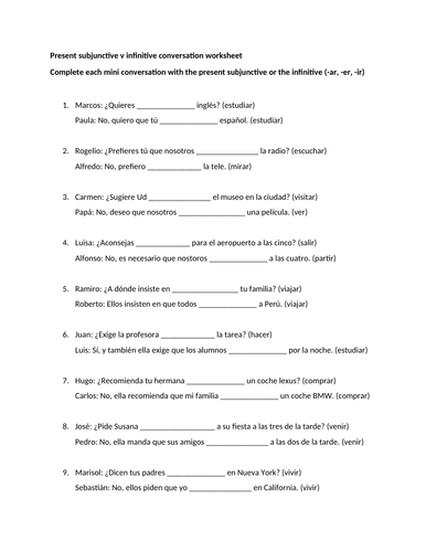 Subjunctive infinitive conversation worksheet | Teaching Resources