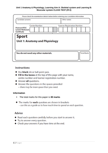 BTEC LEVEL 3 UNIT 1 (A&P) 6 x 80 MARK CLASS TESTS READY TO GO ...