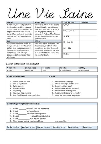 Une Vie Saine French KS4 Healthy lifestyle GCSE Reading worksheet ...