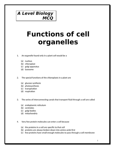 A Level Biology Cell Organelles MCQ | Teaching Resources