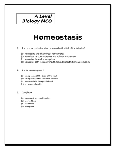 A Level Biology Homeostasis MCQ | Teaching Resources