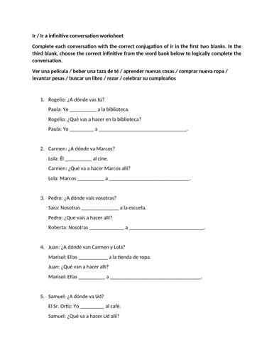 Ir and ir a infinitive conversation worksheet | Teaching Resources