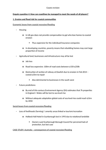 Edexcel A Level Geography Coasts Revision Notes | Teaching Resources