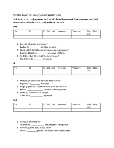 Dar ir ser ver hacer conversation worksheet | Teaching Resources