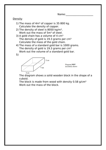 DENSITY WORKSHEET | Teaching Resources