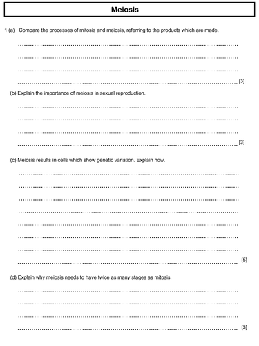 Meiosis A-level AS Biology exam style questions worksheet | Teaching ...