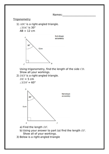 TRIGONMETRY WORKSHEET | Teaching Resources