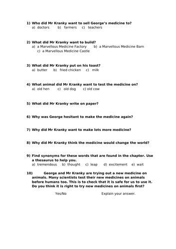 George's Marvellous Medicine - Mr Kranky's Great Idea Comprehension ...