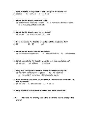 George's Marvellous Medicine - Mr Kranky's Great Idea Comprehension ...