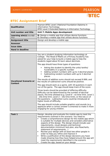 BTEC Level 3 IT/Computing - Unit 7 Mobile Applications Development ...