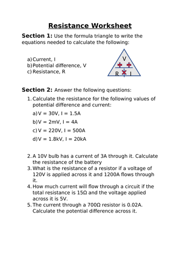 Resistance Worksheet | Teaching Resources