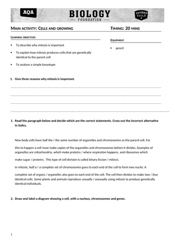 AQA combined science trilogy Biology GCSE Topic 1 (B1-B2) Cells and ...