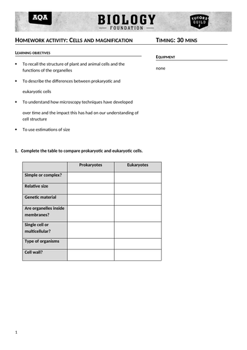 AQA combined science trilogy Biology GCSE Topic 1 (B1-B2) Cells and ...