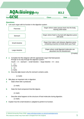 AQA combined science trilogy Biology GCSE Topic 2 (B3-B4) Organisation ...