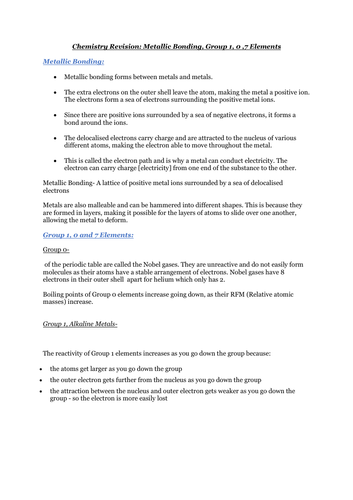 Metallic Bonding + Group 1,0,7 - Notes Chemistry AQA Combined Science ...