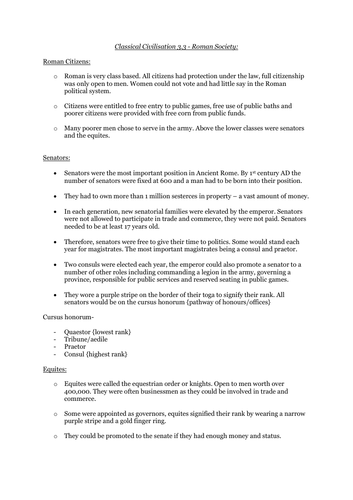 Unit 3.3 Culture Roman Society (Roman City life) - Notes Classical ...