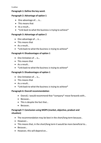 A-Level Business Essay Writing Frame & Model Answer | Teaching Resources