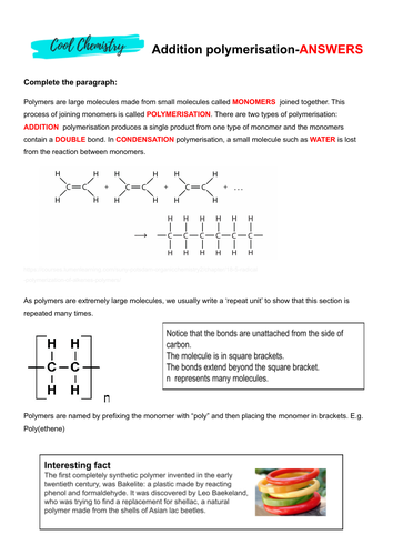 Addition polymerisation worksheet and answer key | Teaching Resources