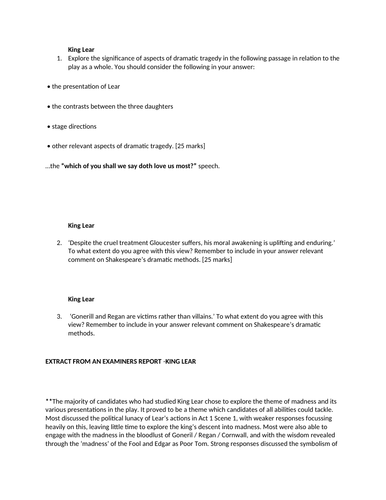 A level English literature Shakespeare - A BANK OF ESSAY QUESTIONS FROM ...