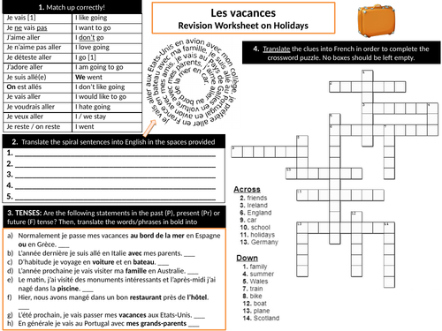 Revision of Holidays Worksheet - KS3 French | Teaching Resources