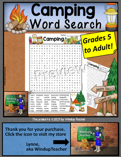 Camping Word Search HARD for Grades 5 to Adult | Teaching Resources