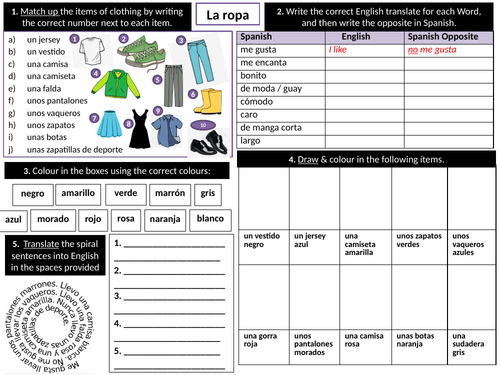 Revision of Clothes & Colours Activity Worksheet - Spanish | Teaching ...