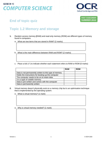 J277 OCR GCSE Computer Science: 1.2 Memory and Storage PART 1 - END OF ...