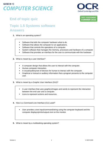 J277 OCR GCSE Computer Science: 1.5 Systems Software - END OF UNIT TEST ...