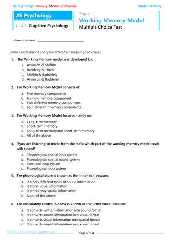 Edexcel A-Level Psych - Cognitive - Working Memory Model | Teaching ...