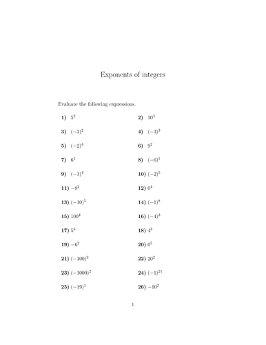 Exponents of integers worksheet (with answers) | Teaching Resources