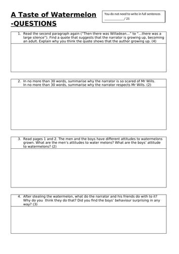 A Taste of Watermelon - IGCSE Literature | Teaching Resources