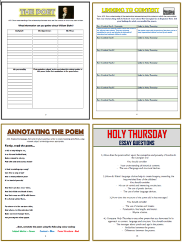 Holy Thursday (Songs of Experience) Comprehension Activities Booklet ...