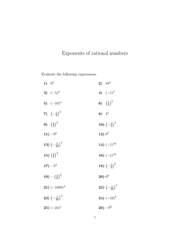 Exponents of rational numbers worksheet (with answers) | Teaching Resources