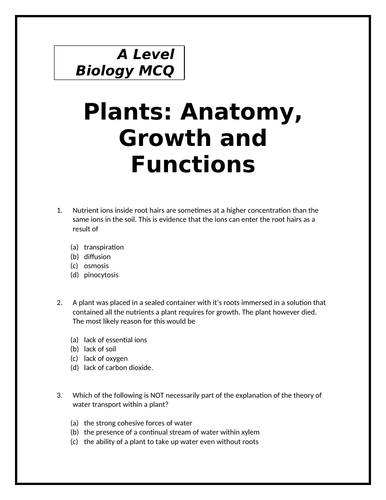 A Level Biology Plants Anatomy Growth Function MCQ | Teaching Resources