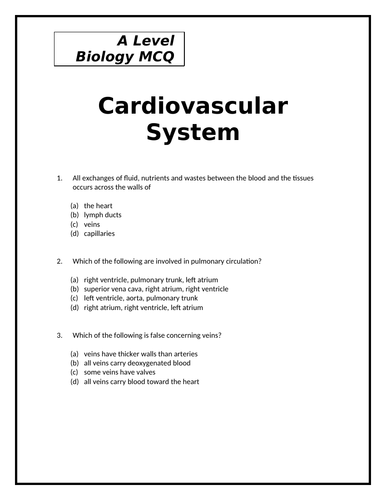 A Level Biology Cardiovascular System MCQ | Teaching Resources