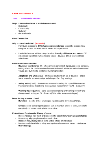 AQA A LEVEL SOCIOLOGY - CRIME AND DEVIANCE NOTES | Teaching Resources