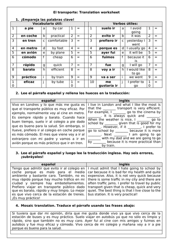 Spanish GCSE El Transporte / Transport & Journeys Translation Worksheet ...