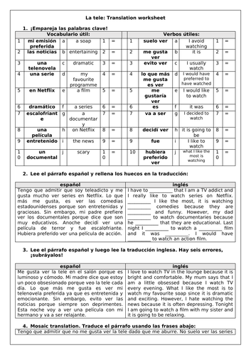 Spanish GCSE La Tele / Television & TV programmes Translation Worksheet ...