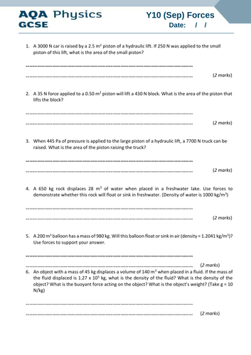 AQA GCSE Physics - Pressure in Fluids | Teaching Resources