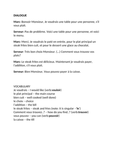 French GCSE revision sheet Eating in Restaurants and Food vocabulary ...