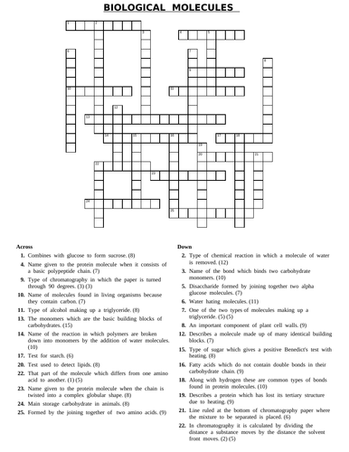 Biological Molecules A Level Biology Crosswords | Teaching Resources