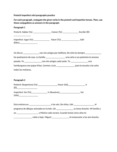 Preterit imperfect mini paragraphs | Teaching Resources
