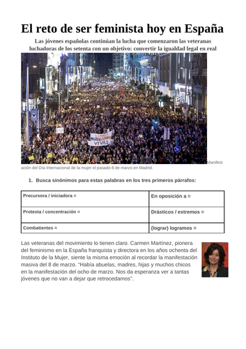 Spanish A Level (Worksheet) - Ser feminista en Espana | Teaching Resources