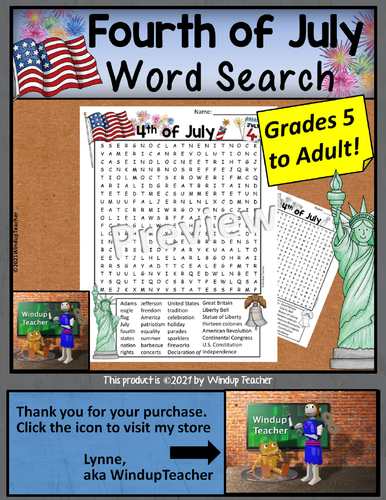 Fourth of July Word Search HARD for Grades 5 and Up | Teaching Resources