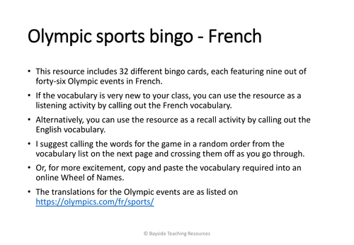 Olympic sports bingo in French | Teaching Resources